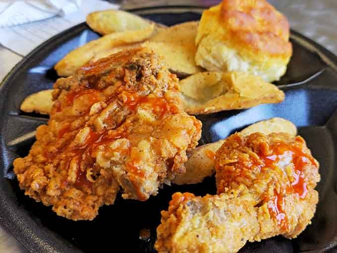 Golden, crispy, and glistening with promise; this is what fried chicken dreams are made of, folks.