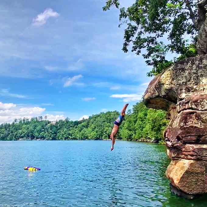 Taking the plunge at Smith Lake, where gravity meets bravery and creates summer memories.