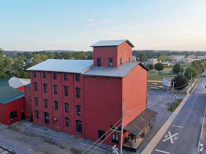 The Roller Mills Marketplace stands proud in red, a converted industrial beauty housing modern treasures.