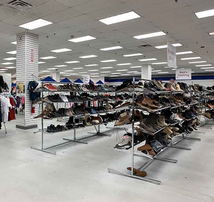 Shoes organized by gender and style, because even thrift shopping deserves a little retail therapy sophistication.