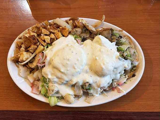 That hollandaise cascade over seafood benedict could make a grown person weep tears of pure joy.