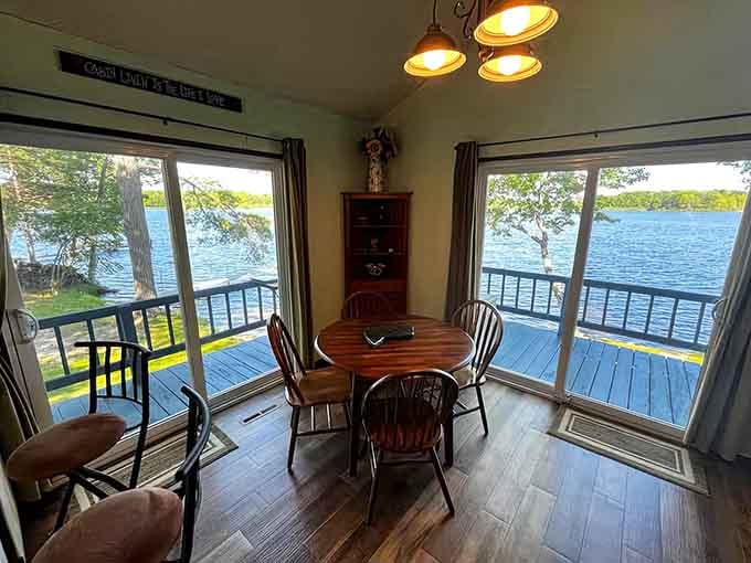 Windows framing the lake on both sides means every meal comes with the best dinner theater in Michigan.