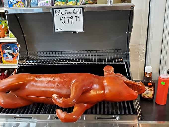 Nothing says "Wisconsin charm" quite like a ceramic pig lounging on a gas grill, ready for the backyard.
