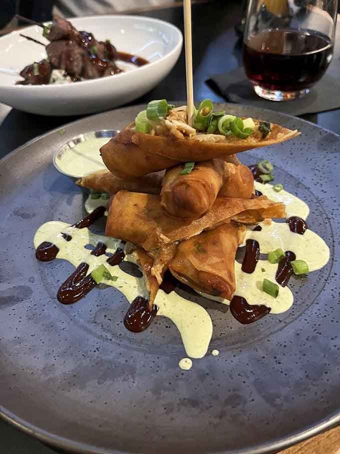 These spring rolls arrive like edible architecture, artfully plated with drizzles that would make Jackson Pollock jealous of the presentation.