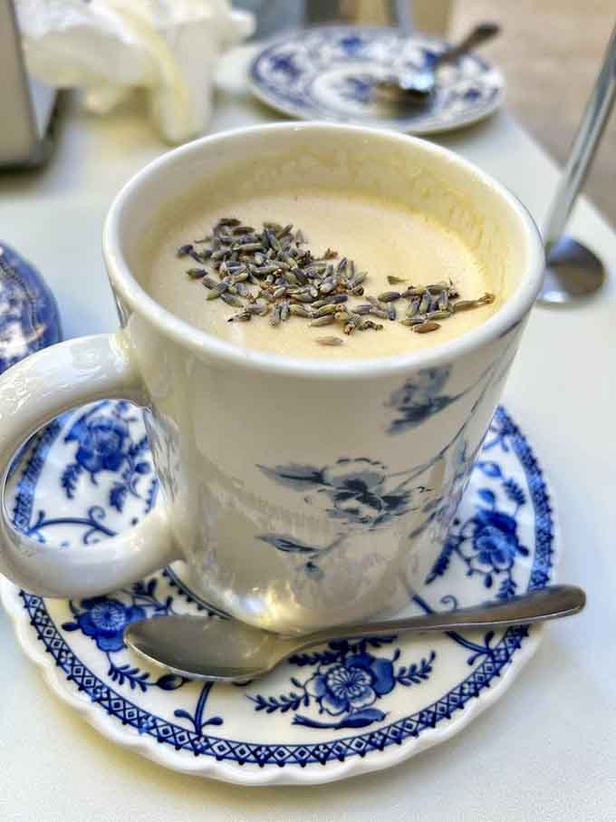Honey and lavender in a latte sounds fancy, but it's really just liquid comfort in a gorgeous blue cup.