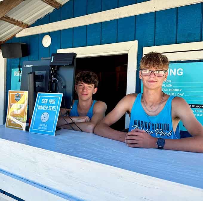 The welcoming committee at Marina Station, ready to set you up for aquatic adventures and inevitable belly flops.