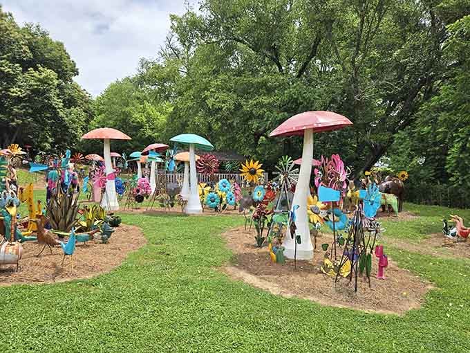 This whimsical garden art installation brings unexpected bursts of color to the mountain landscape, delighting visitors of all ages.