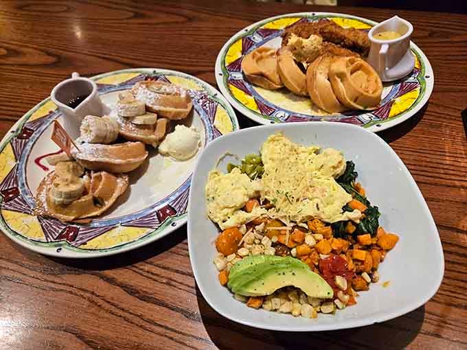 Three plates of pure morning joy, because sometimes one breakfast choice just isn't enough to satisfy your soul.