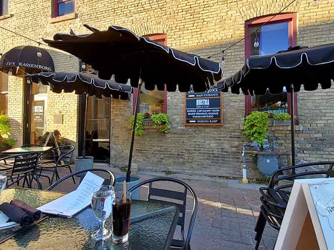 Rustica's outdoor patio offers dining under fish-shaped umbrellas, because why should eating out be predictable or stuffy?