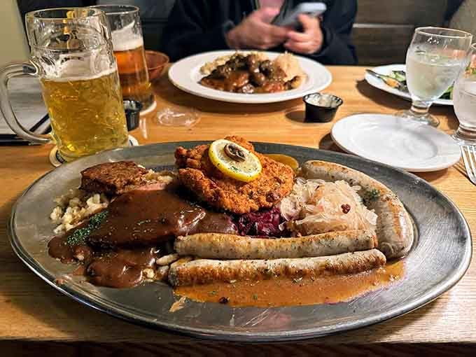 The Sauerbraten arrives like a work of art, tender meat swimming in rich gravy alongside sp&auml;tzle perfection.