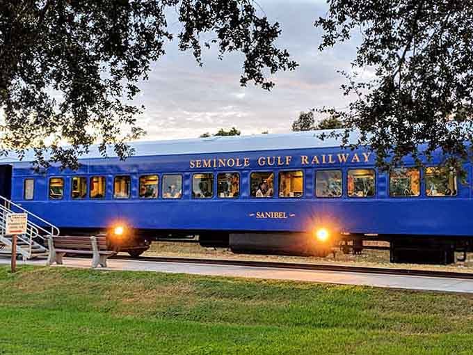The Sanibel car sits ready for its evening performance, all lit up like a jewel box on wheels.