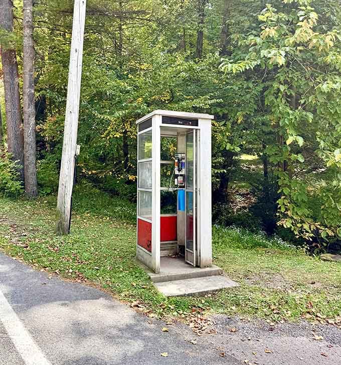 A vintage phone booth stands sentinel &ndash; proof that some communication doesn't require Wi-Fi, just a quarter and courage.