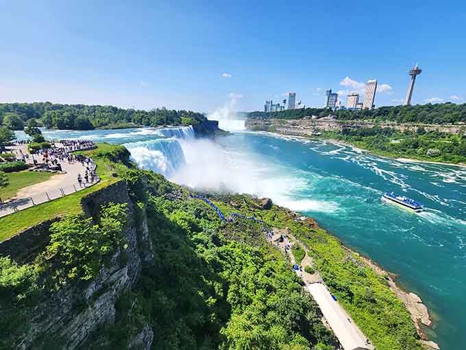 The American Falls thunders beside Horseshoe Falls, creating a view that never charges you admission to witness.