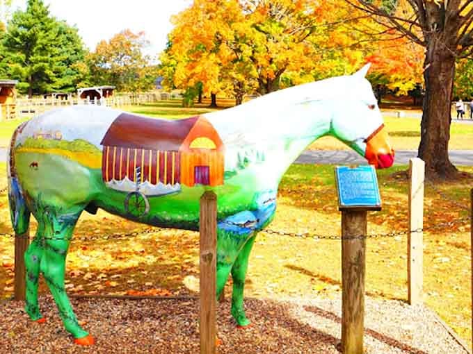 This painted horse sculpture celebrates local agriculture with more artistic flair than your average barnyard animal could muster.