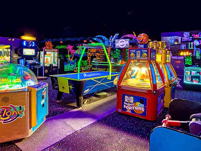 Air hockey meets blacklight magic in this entertainment zone where competition gets delightfully fluorescent and wonderfully intense.