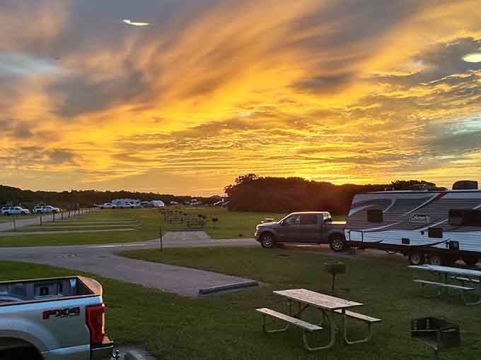 Sunset at Ocracoke Campground proves that sometimes the best room has no walls at all.