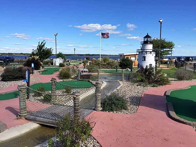 Mini-golf by the marina where losing is actually winning because you're outside enjoying this view.