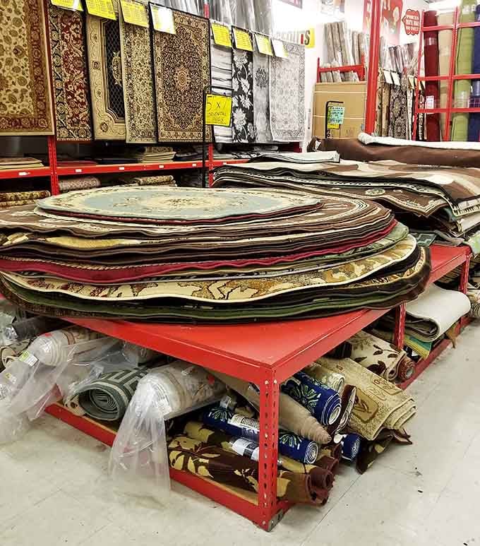 Area rugs piled high like a Persian marketplace, minus the international airfare and jet lag required.