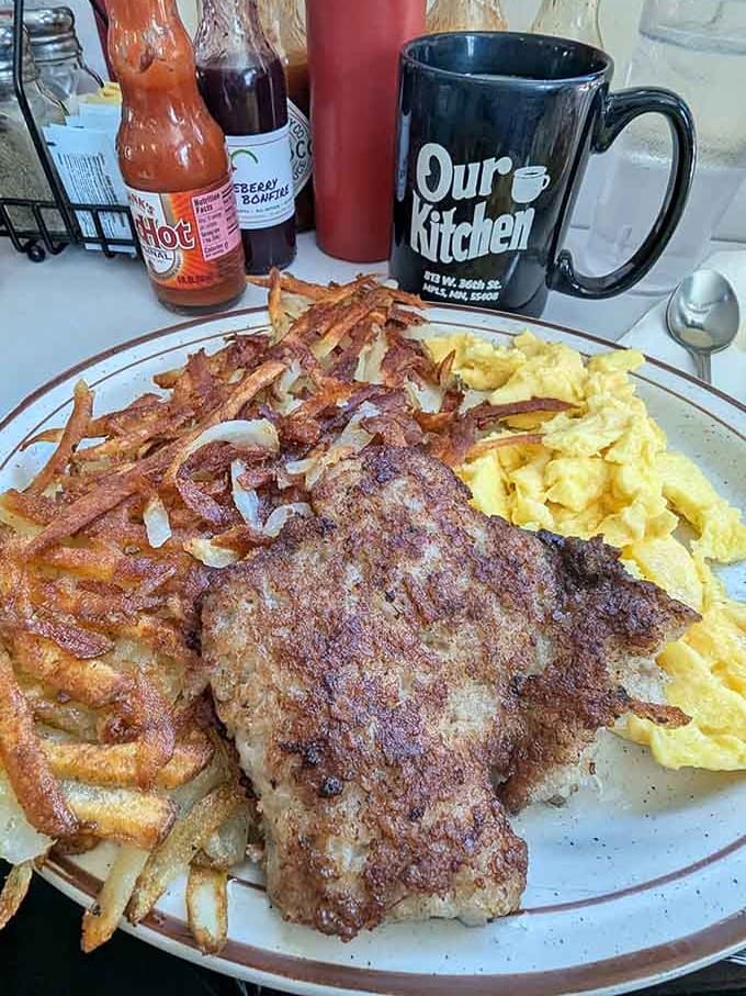 When your steak is bigger than your plate and your hash browns could feed a family, you know you've ordered correctly.