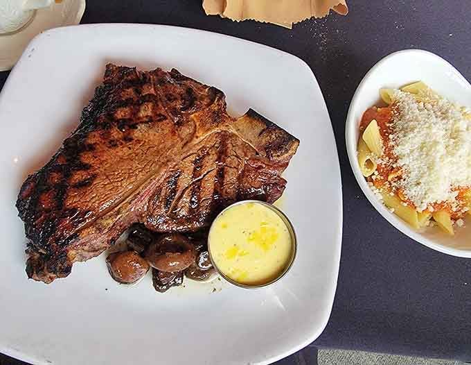 Behold the porterhouse: charred perfection with mushrooms that could convert even the staunchest vegetable skeptic.