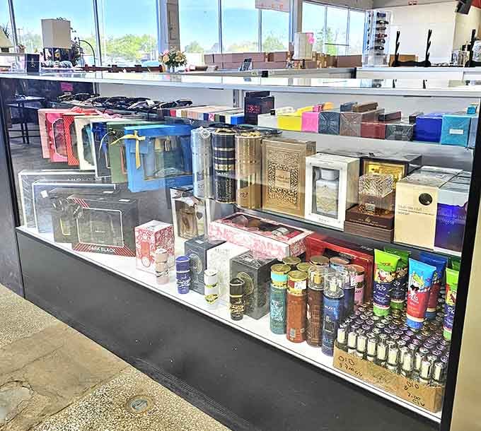 Fragrance bottles lined up like soldiers, offering scents for every personality and budget under one roof.