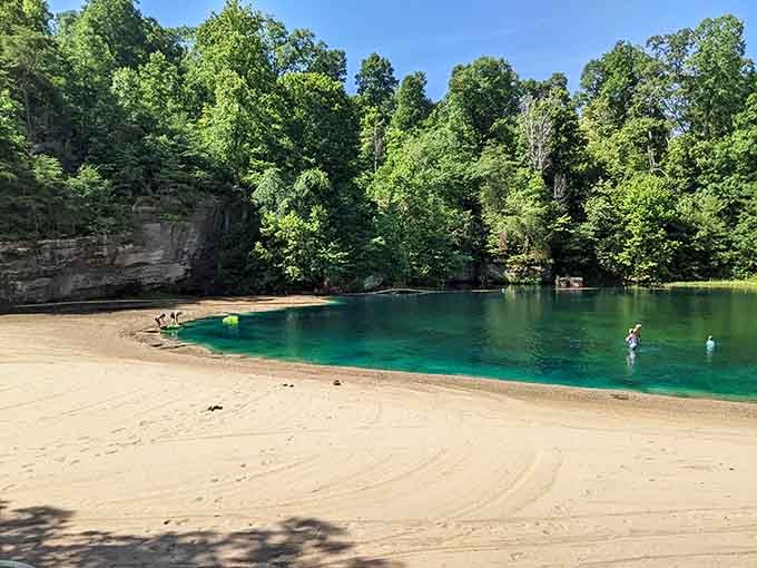 White sand stretching into impossibly clear water, because apparently Kentucky decided to moonlight as the Caribbean.