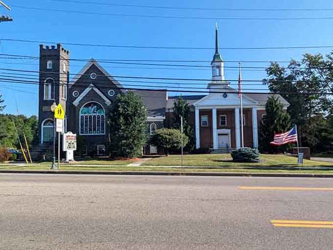 These neighboring churches stand like old friends who've shared the same street corner for generations, each with distinct character.