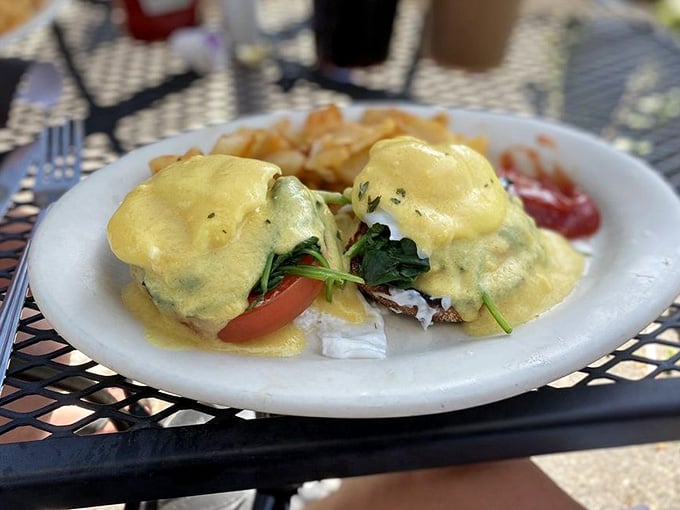 Eggs Florentine so photogenic it deserves its own Instagram account, hollandaise sauce cascading like liquid gold.