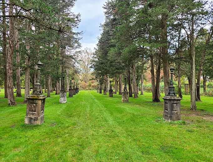 Stone lanterns lining a path like silent sentries guarding secrets from another century entirely.