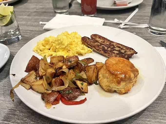 Breakfast done right means fluffy biscuits, perfectly cooked eggs, and potatoes that actually have flavor and texture.