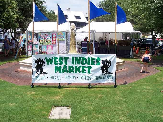 Local artisans gather under cheerful blue flags, turning a simple market into your new favorite Saturday morning tradition.