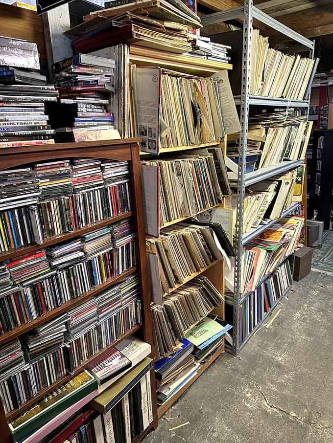 Vinyl records and CDs stacked like a music lover's fever dream, waiting for their second act to begin.
