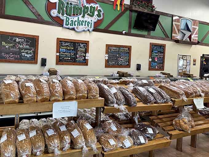 Rows of fresh-baked bread lined up like delicious soldiers, ready to conquer your willpower with their golden crusts.