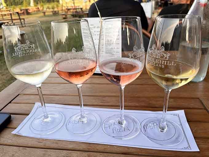 Four glasses of white and ros&eacute; lined up like a delicious decision you're about to make&mdash;spoiler alert, there are no wrong answers here.