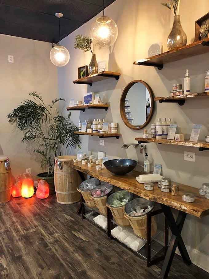 Rustic shelving meets wellness products in a display that would make your favorite boutique jealous.