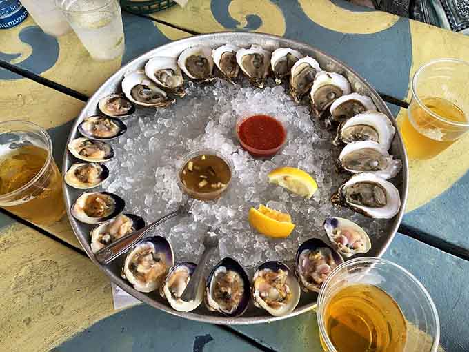 Oysters on ice looking fresher than your last attempt at a New Year's resolution, and twice as satisfying.