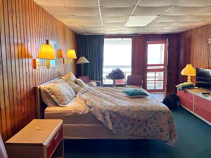 Wood-paneled walls and ocean views create a room that's pure 1960s vacation magic without a hint of pretension.