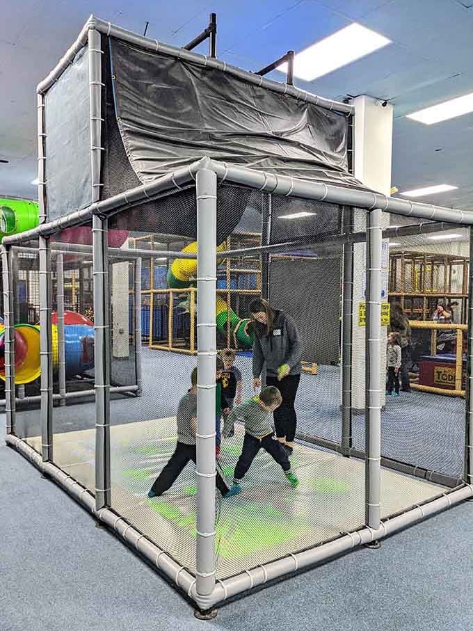Mesh netting keeps the chaos contained while parents watch from comfortable seating, coffee in hand, stress levels dropping.