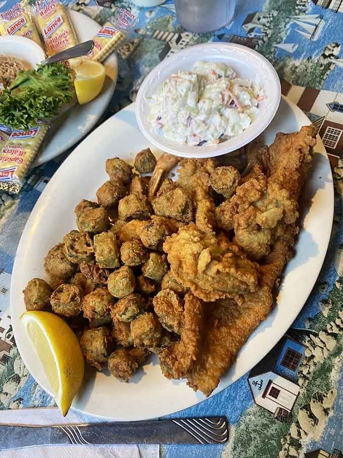 Golden fried perfection meets okra in this platter that'll make your heart sing with joy.