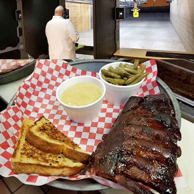 These ribs come with green beans and Texas toast, proving barbecue perfection exists in shooting ranges.