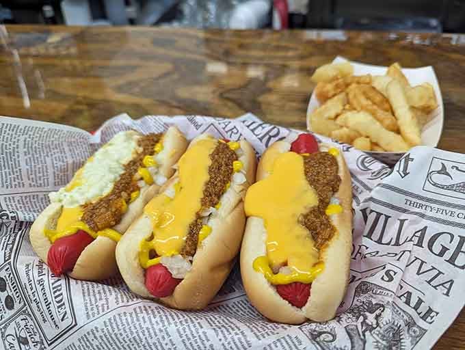 Three chili dogs lined up like edible works of art, proving that sometimes perfection comes in multiples of three.