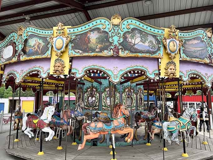 A vintage carousel that's seen more joy than a ice cream truck in July, still spinning dreams.