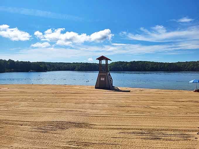The lifeguard tower stands ready, because safety never takes a vacation even at inland beaches.
