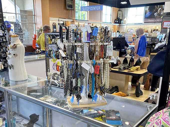 The jewelry counter sparkles with possibilities, from vintage finds to everyday accessories waiting for new owners.