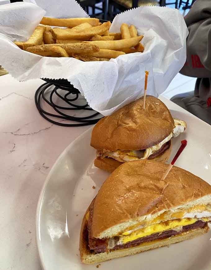 Taylor ham, egg, and cheese with fries: New Jersey's breakfast of champions, served exactly as it should be.