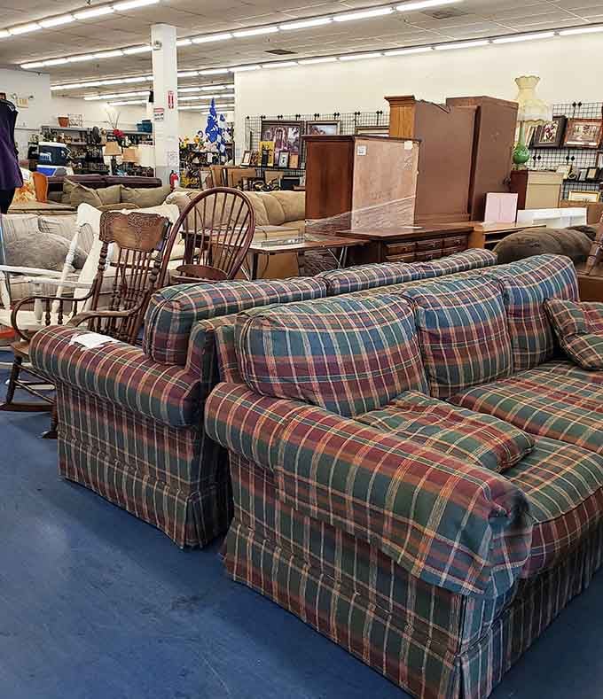 That plaid couch has seen some things, but it's got plenty of life left and stories it'll never tell.