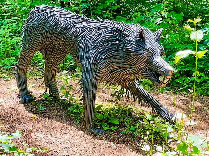This metal wolf sculpture captures that "I haven't had my coffee yet" energy we all know too well.