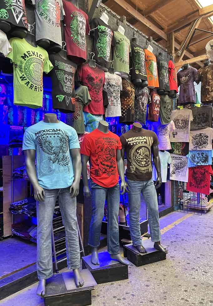 Bold graphic tees hang like a gallery of wearable art, celebrating heritage with designs that would make any wardrobe proud.