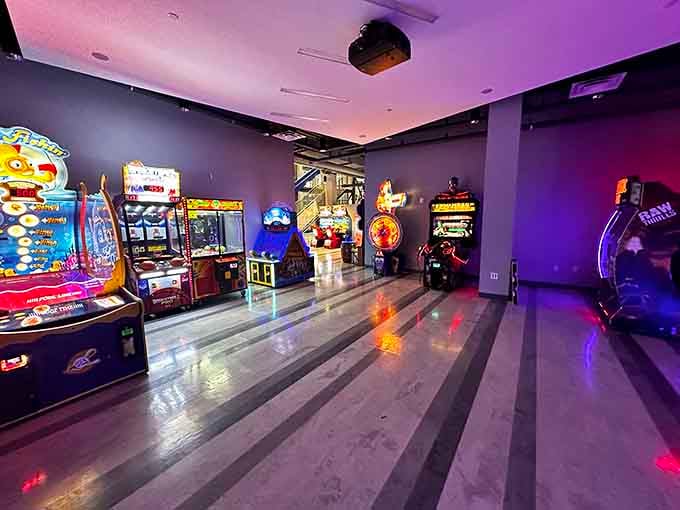 Purple lighting and arcade games create the perfect storm of nostalgia and modern entertainment combined beautifully.