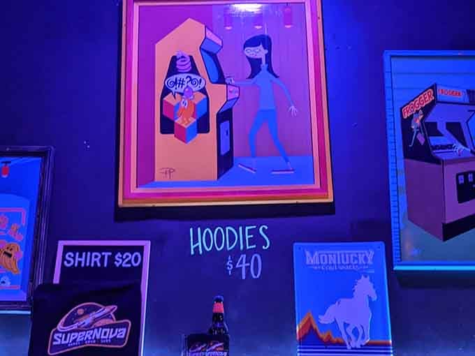 Pop art meets pinball culture on walls that celebrate gaming's golden era with style and swagger.